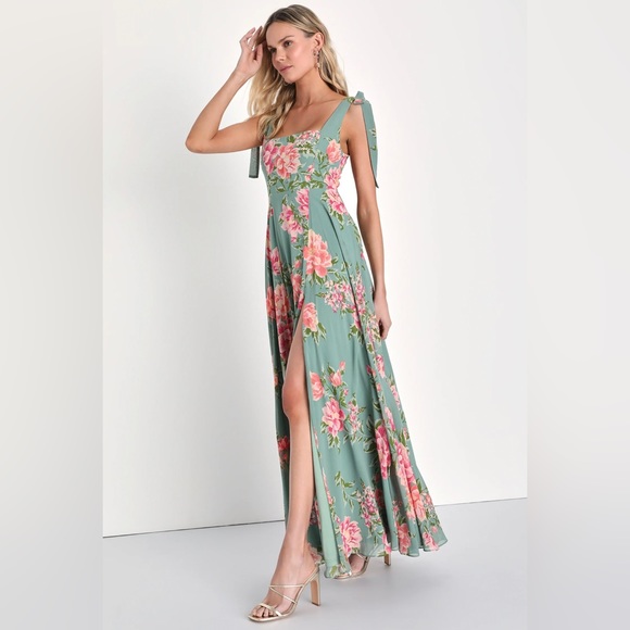 Lulus | Dresses | Lulus Passionate Forever Sage Green Floral Bow Strap ...